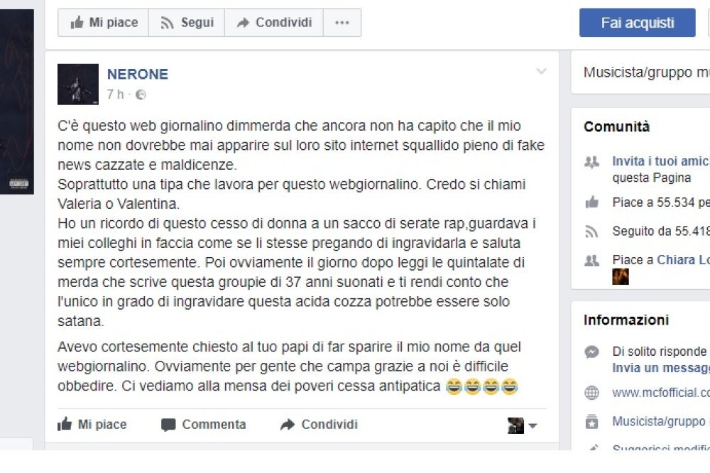 Il rapper Nerone e quel post sessista di cui non sentivamo il bisogno